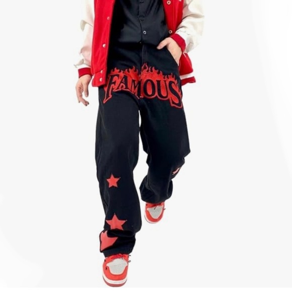 Unleashed Streetwear | Jeans | Mens Black Red Baggy Hip Hop Pants Denim ...